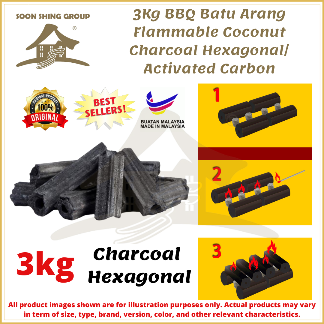 3Kg BBQ Batu Arang Flammable Coconut Charcoal Hexagonal/Authentic Mangrove Wood Charcoal ...
